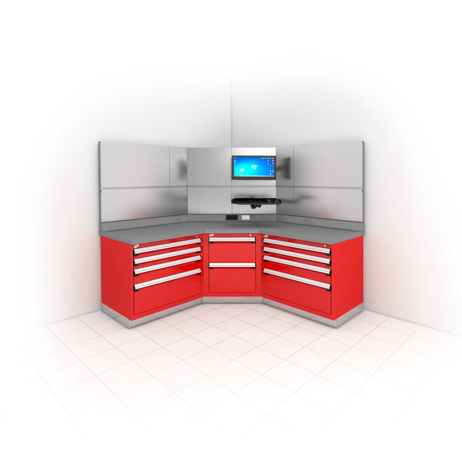 84" x 84" x 76" Corner Technician Workcenter | The Caster Guy